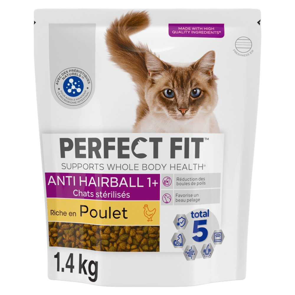 PERFECT FIT ANTI-HAIRBALL 1+ Croquettes Riche en Poulet chat adulte ...
